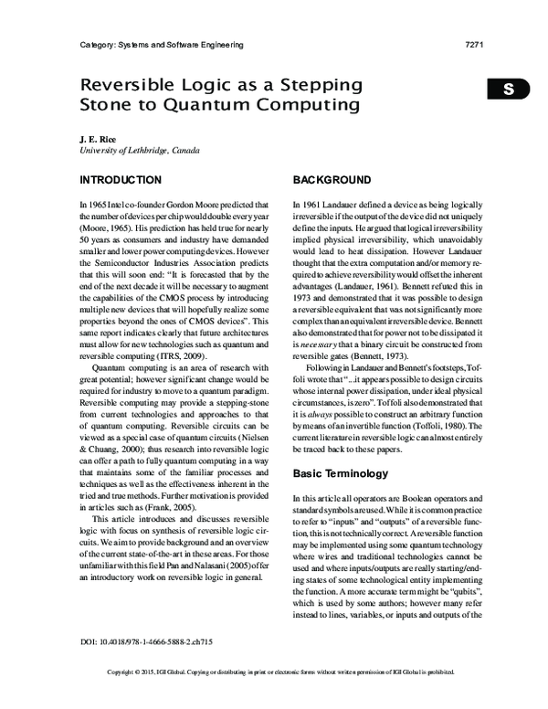 (PDF) Reversible Logic as a Stepping Stone to Quantum Computing