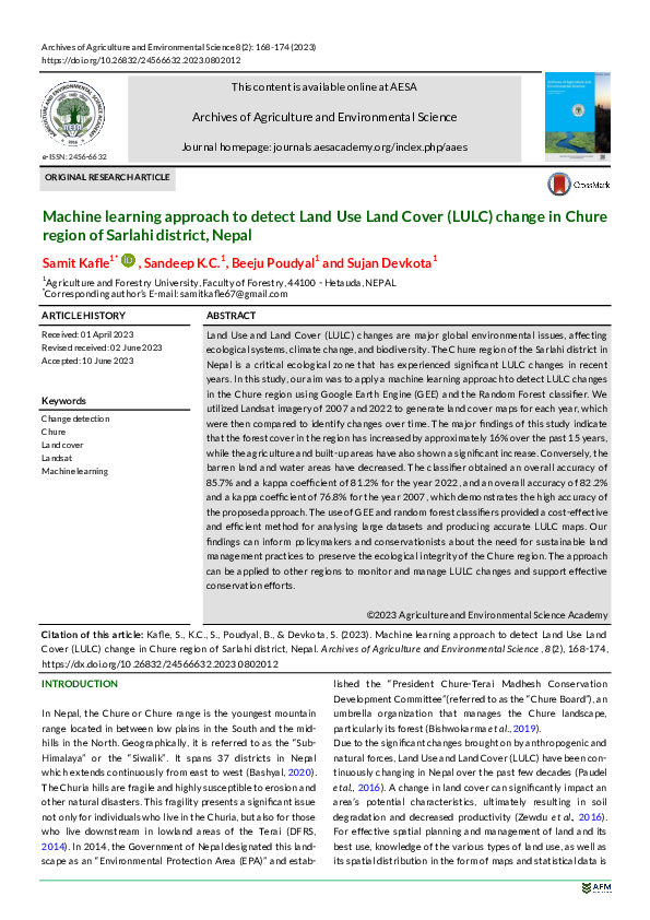 (PDF) Machine learning approach to detect Land Use Land Cover (LULC) change in Chure region of ...