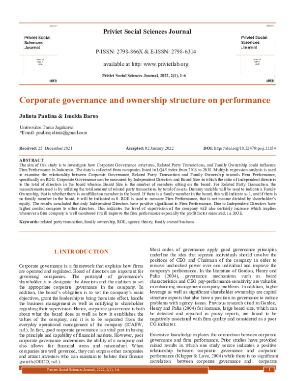 (PDF) Corporate governance and ownership structure on performance