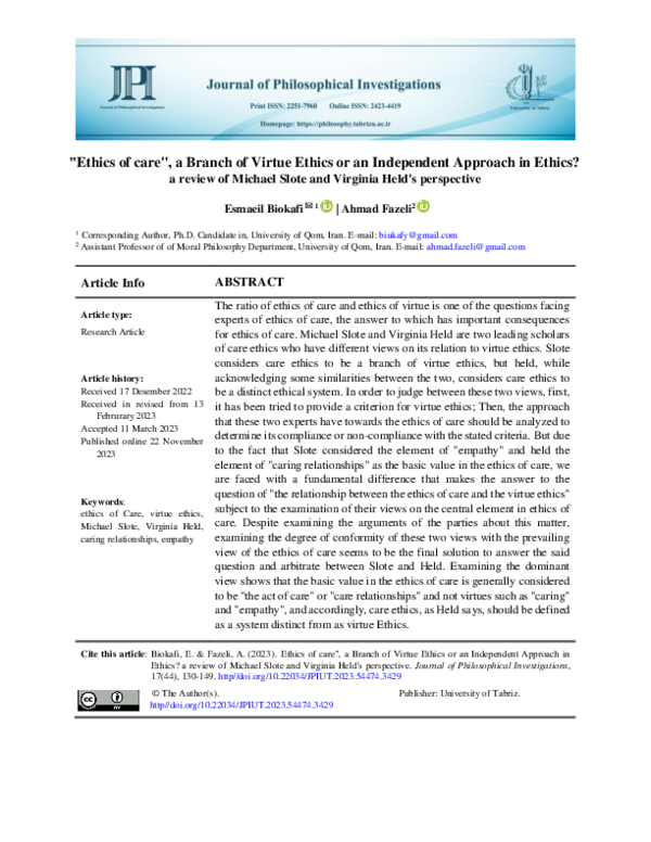 (PDF) "Ethics of care", a Branch of Virtue Ethics or an Independent ...