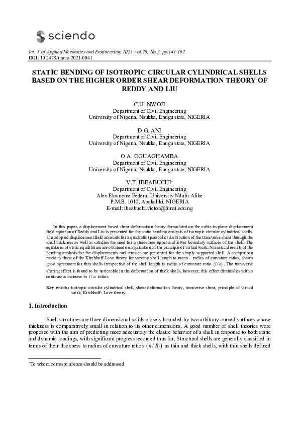 (PDF) Static Bending of Isotropic Circular Cylindrical Shells Based on ...