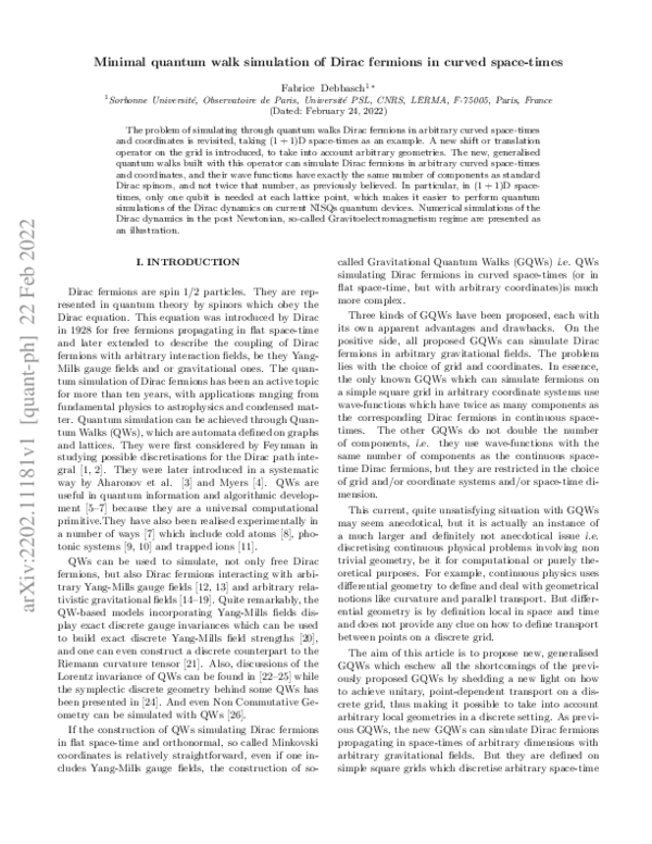 (PDF) Minimal quantum walk simulation of Dirac fermions in curved space ...