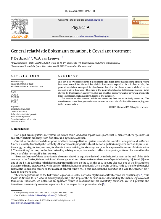 (PDF) General relativistic Boltzmann equation, I: Covariant treatment