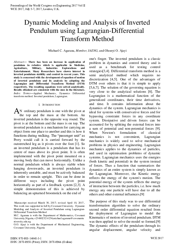 Pdf Dynamic Modeling And Analysis Of Inverted Pendulum Using Lagrangian Differential Transform