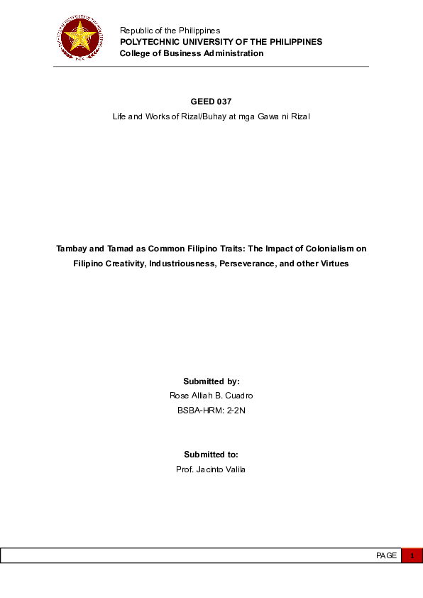 (PDF) Tambay and Tamad as Common Filipino Traits: The Impact of ...