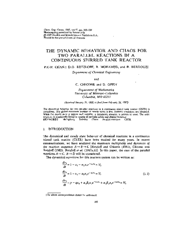 (PDF) The Dynamic Behavior and Chaos for Two Parallel Reactions in a Continuous Stirred Tank Reactor