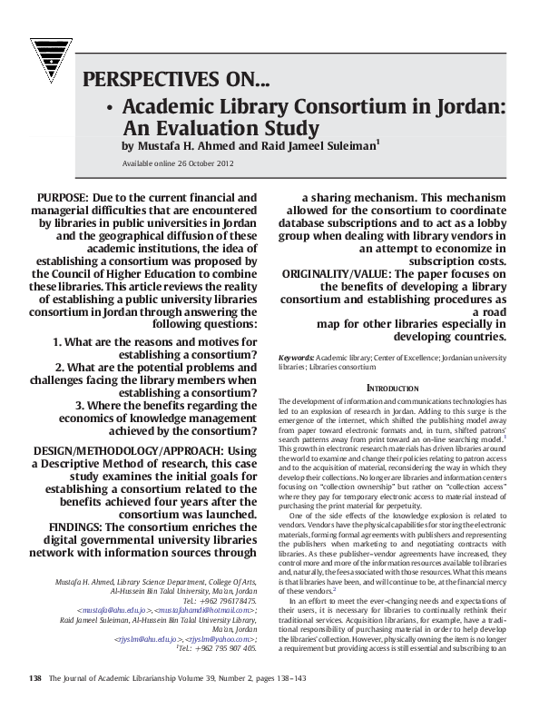 (PDF) Academic Library Consortium in Jordan: An Evaluation Study