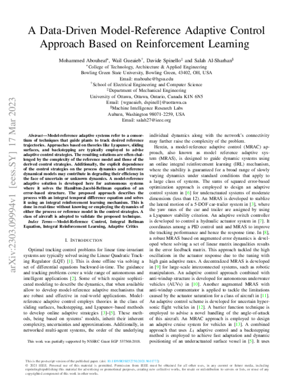 Pdf A Data Driven Model Reference Adaptive Control Approach Based On Reinforcement Learning