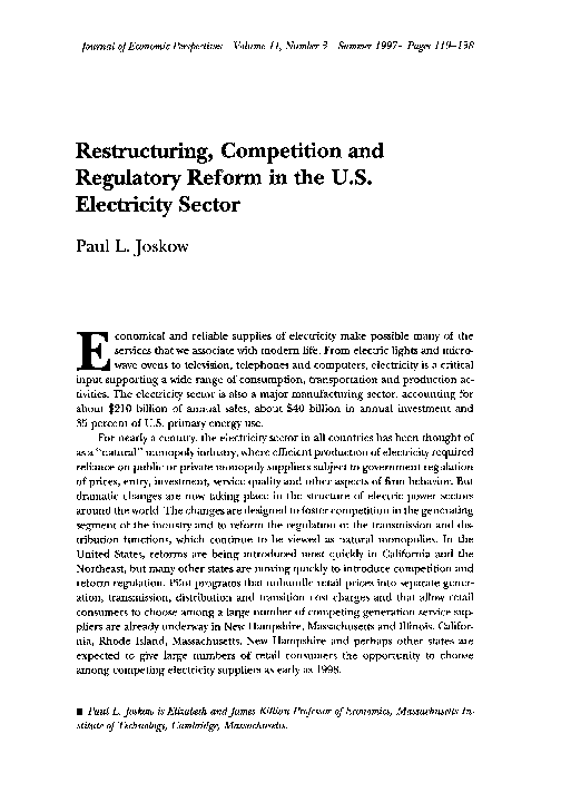 (PDF) Restructuring, Competition and Regulatory Reform in the U.S ...