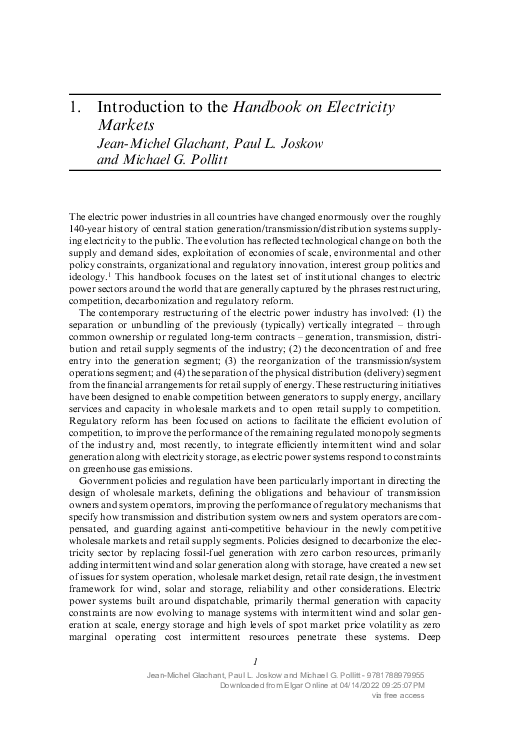 (PDF) Introduction to the Handbook on Electricity Markets