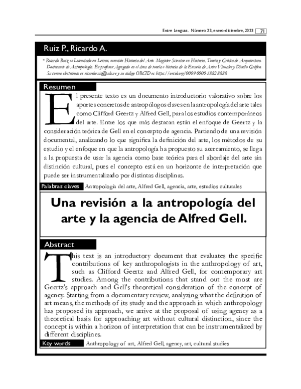 (PDF) Una revision a la antropologia del arte y la agencia de Alfred Gell