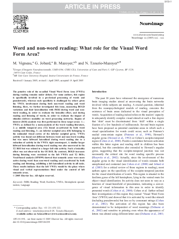 (PDF) Word and non-word reading: What role for the Visual Word Form Area?