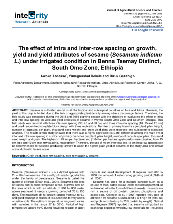 (PDF) The effect of intra and inter-row spacing on growth, yield and ...