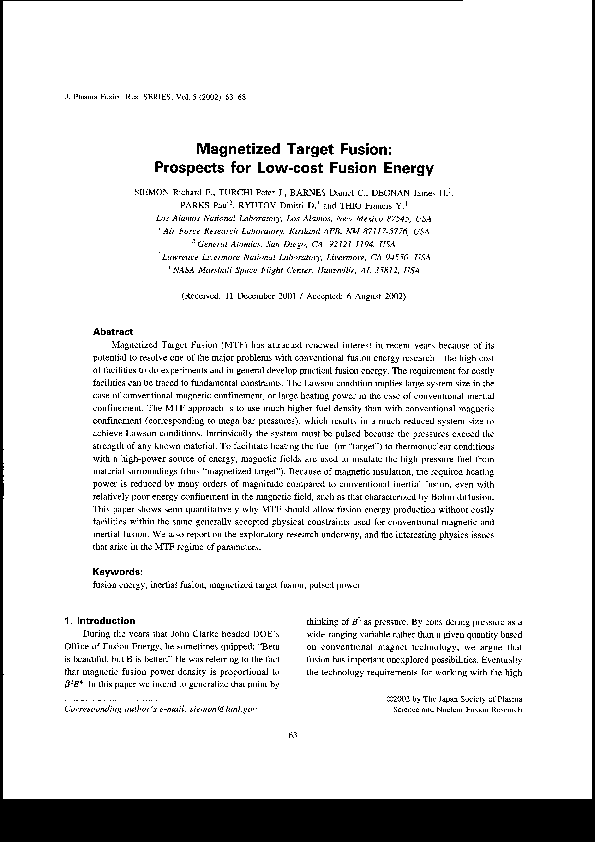 (PDF) Magnetized Target Fusion: Prospects for Low-cost Fusion Energy