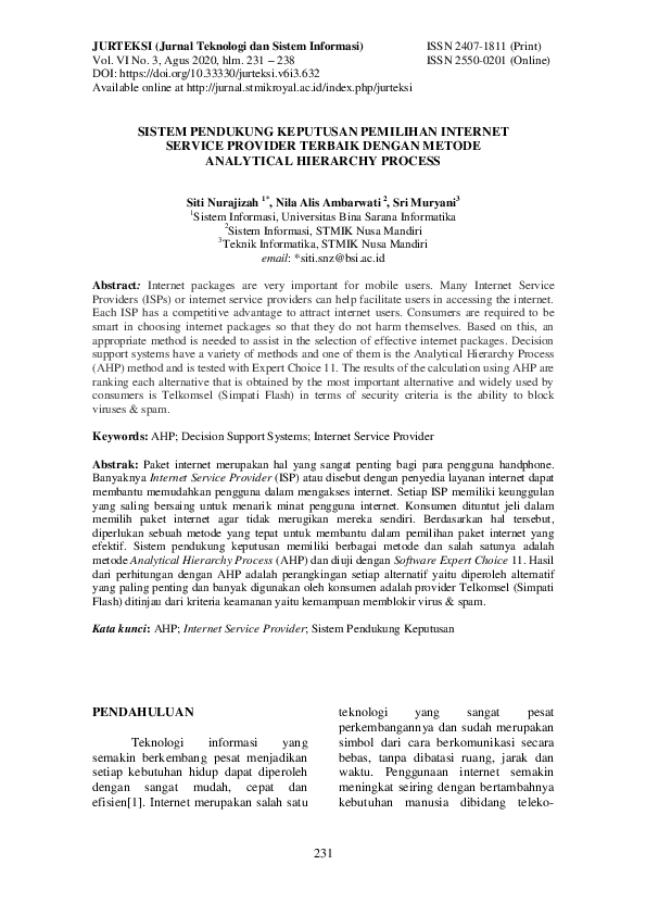 (PDF) Sistem Pendukung Keputusan Pemilihan Internet Service Provider Terbaik Dengan Metode ...