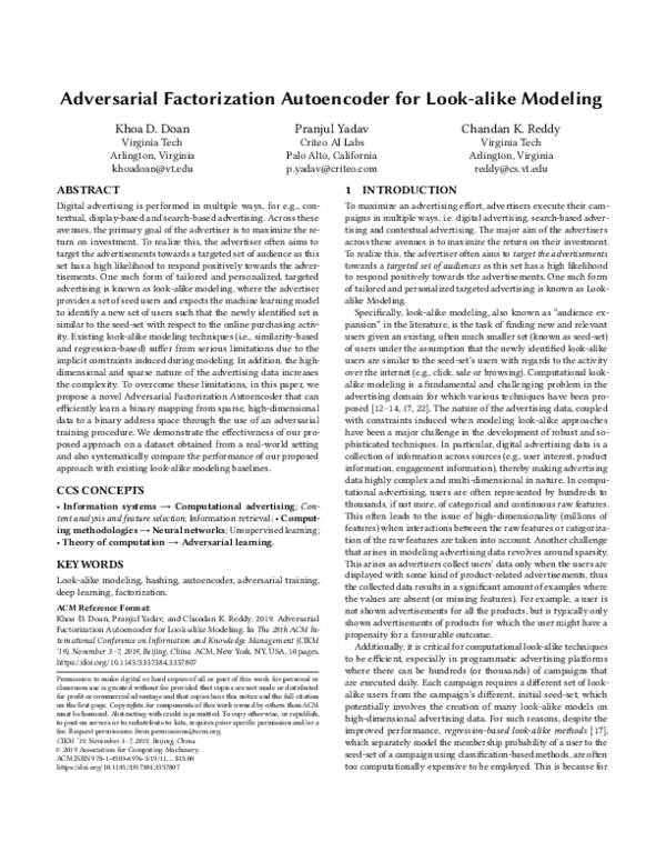(PDF) Adversarial Factorization Autoencoder for Look-alike Modeling | Khoa Doãn - Academia.edu
