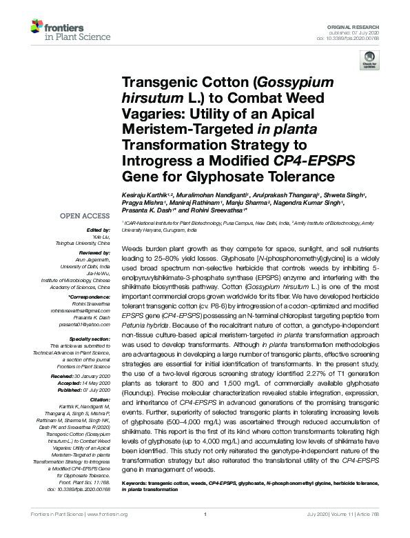 (PDF) Transgenic Cotton (Gossypium hirsutum L.) to Combat Weed Vagaries ...