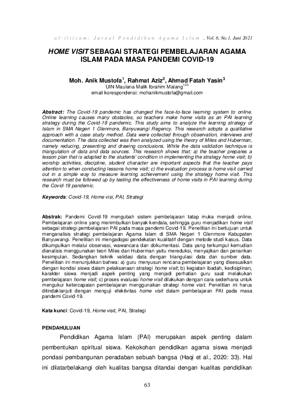 (PDF) Home Visit Sebagai Strategi Pembelajaran Agama Islam Pada Masa Pandemi COVID-19