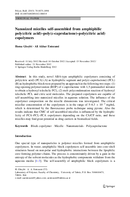 (PDF) Nanosized micelles self-assembled from amphiphilic poly(citric acid)–poly(ε-caprolactone ...