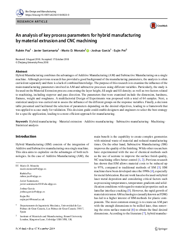 (PDF) An analysis of key process parameters for hybrid manufacturing by ...
