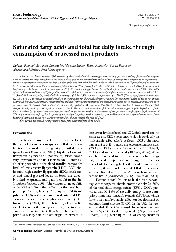(PDF) Saturated fatty acids and total fat daily intake through ...
