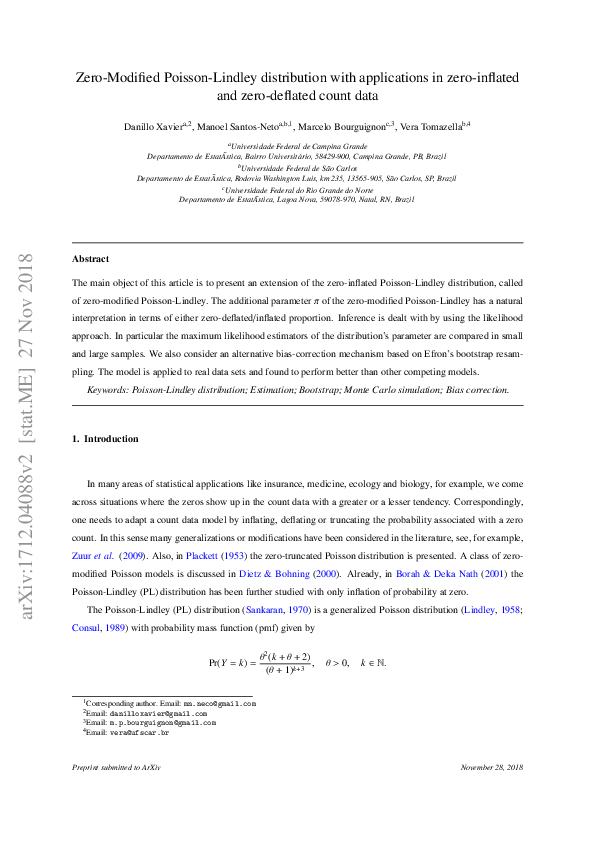 Pdf Zero Modified Poisson Lindley Distribution With Applications In