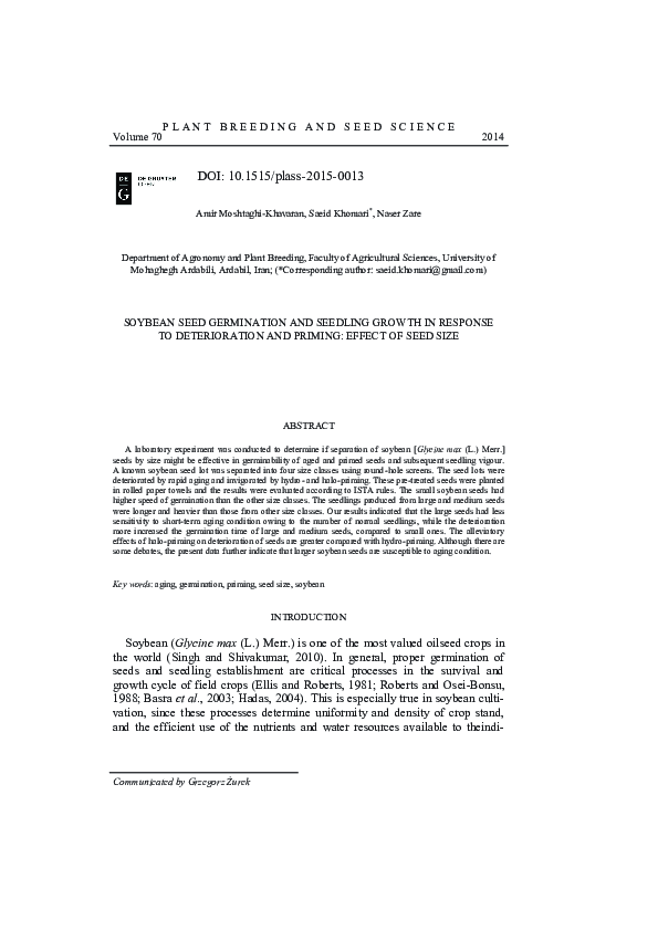 (PDF) Soybean Seed Germination And Seedling Growth In Response To Deterioration And Priming ...
