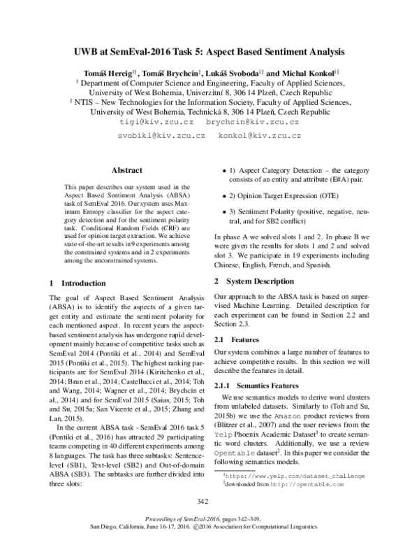 (PDF) UWB at SemEval-2016 Task 5: Aspect Based Sentiment Analysis | Lukáš Svoboda - Academia.edu