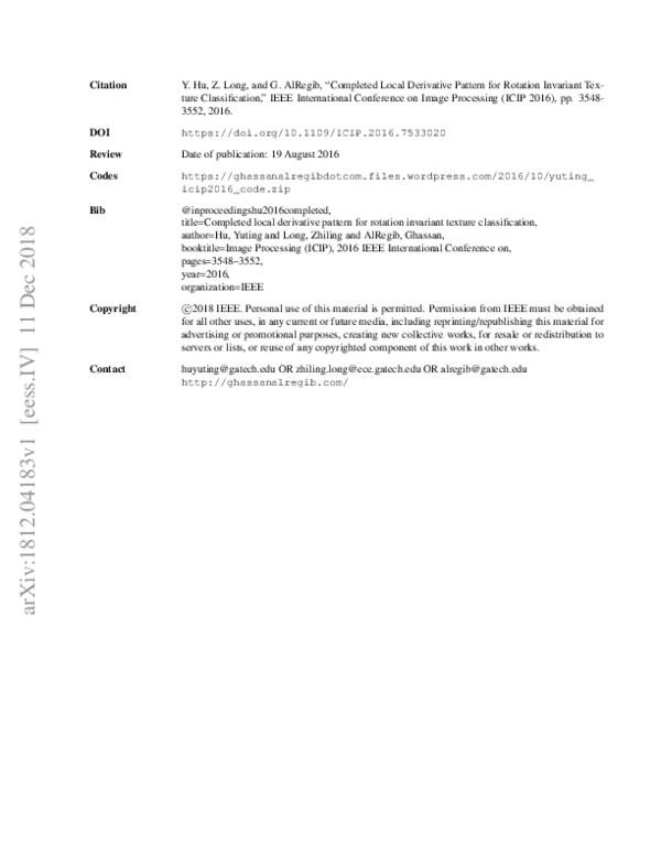 Pdf Completed Local Derivative Pattern For Rotation Invariant Texture Classification