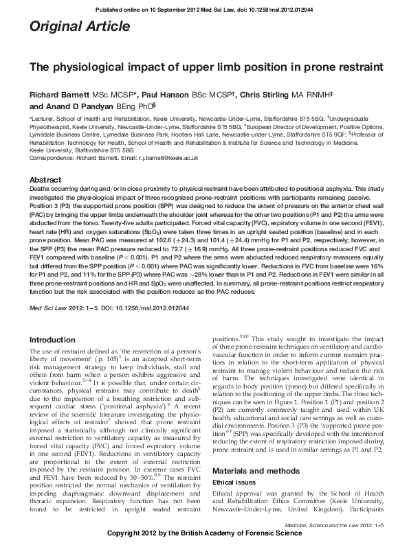 (PDF) The physiological impact of upper limb position in prone restraint