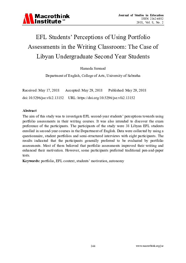 (PDF) EFL Students' Perceptions of Using Portfolio Assessments in the Writing Classroom: The ...