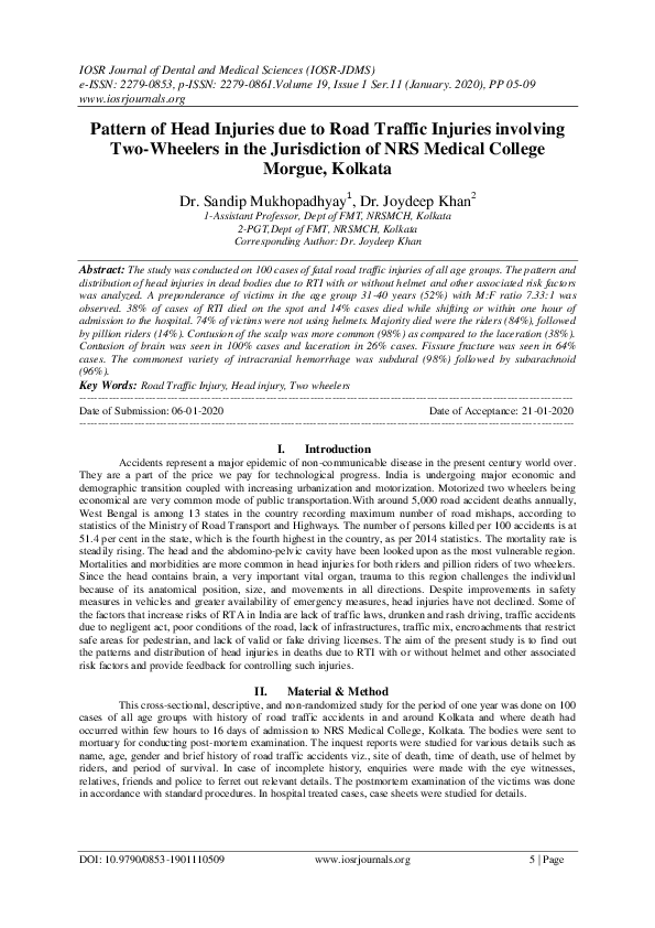 (PDF) Pattern of Head Injuries due to Road Traffic Injuries involving ...