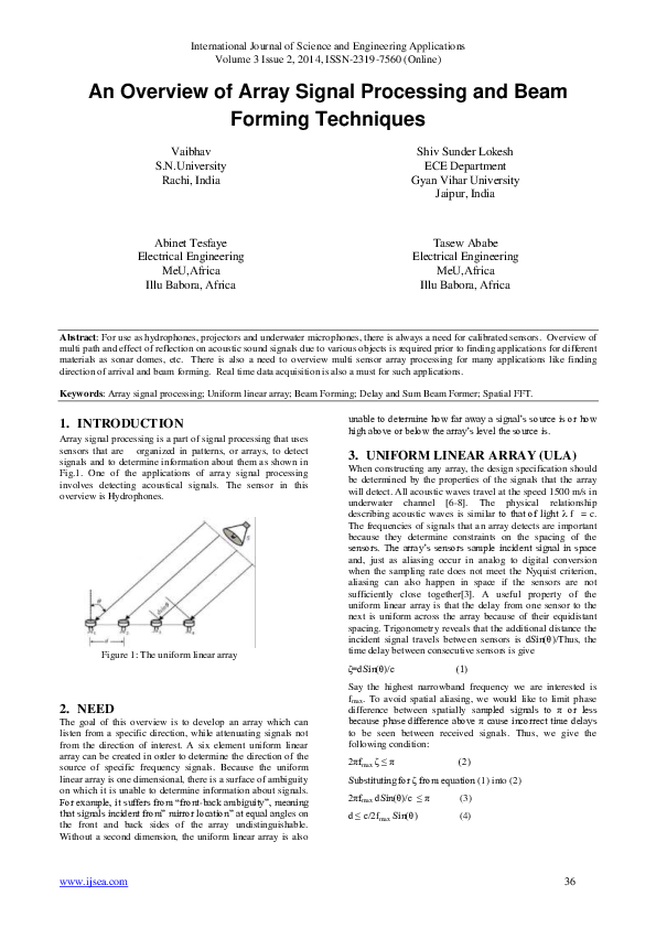 (PDF) An Overview of Array Signal Processing and Beam Forming Techniques