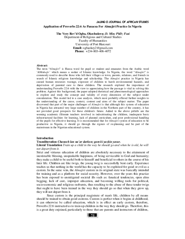 (PDF) Application of Proverbs 22:6 As Panacea For Almajiri Practice In Nigeria