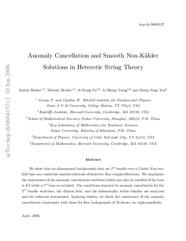 (PDF) Anomaly cancellation and smooth non-Kähler solutions in heterotic ...
