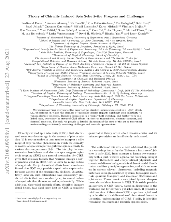 (PDF) Theory of Chirality Induced Spin Selectivity: Progress and ...