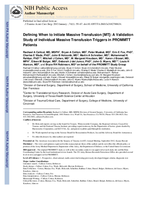 (PDF) Defining when to initiate massive transfusion: a validation study ...