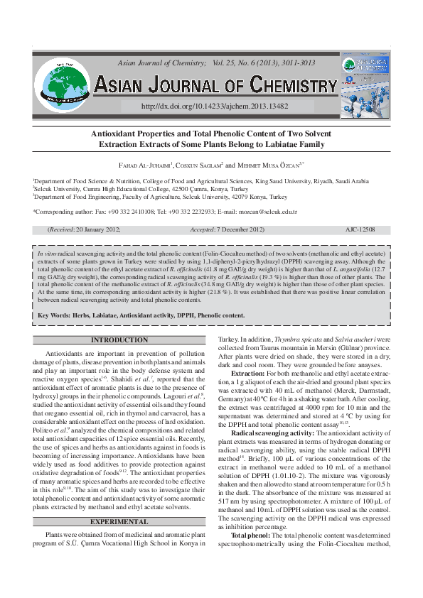 (PDF) Antioxidant Properties and Total Phenolic Content of Two Solvent Extraction Extracts of ...