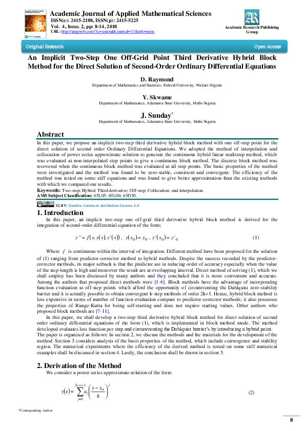 Pdf An Implicit Two Step One Off Grid Point Third Derivative Hybrid Block Method For The
