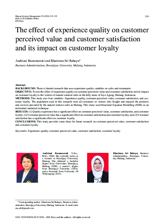 (PDF) The effect of experience quality on customer perceived value and ...