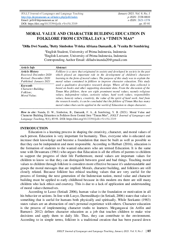 (PDF) Moral Value and Character Building Education in Folklore from ...