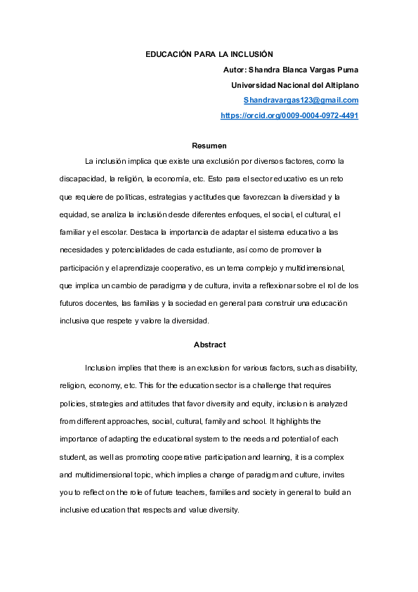 (PDF) EDUCACIÓN PARA LA INCLUSIÓN Autor: Shandra Blanca Vargas Puma