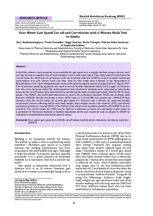 (PDF) Four-Meter Gait Speed Cut-off and Correlation with 6-Minute Walk ...