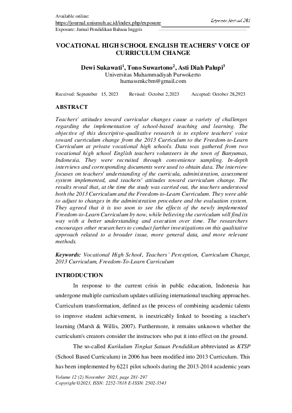 (PDF) Vocational High School English Teachers' Voice of Curriculum Change
