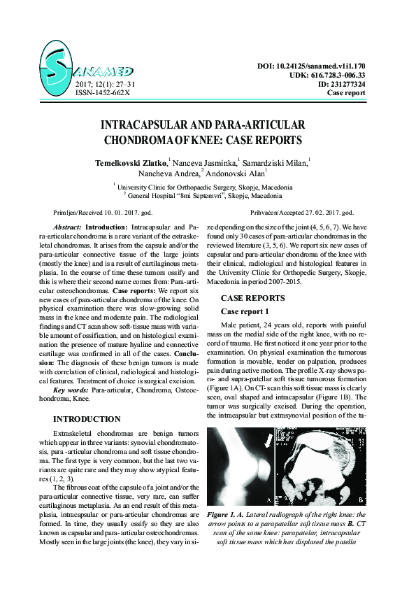 (PDF) Intracapsular and Paraarticular Chondroma of the Knee: Case Report