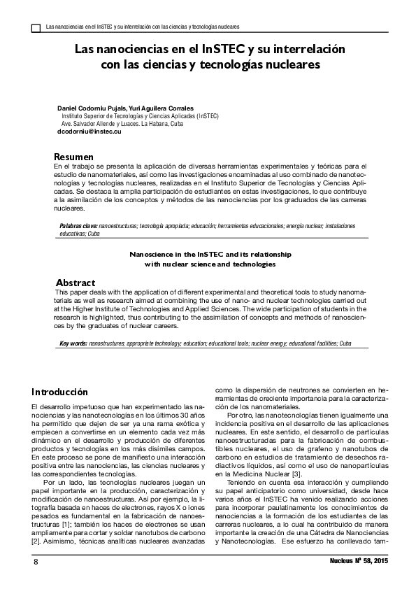 (PDF) Las nanociencias en el InSTEC y su interacción con las ciencias y tecnologías nucleares