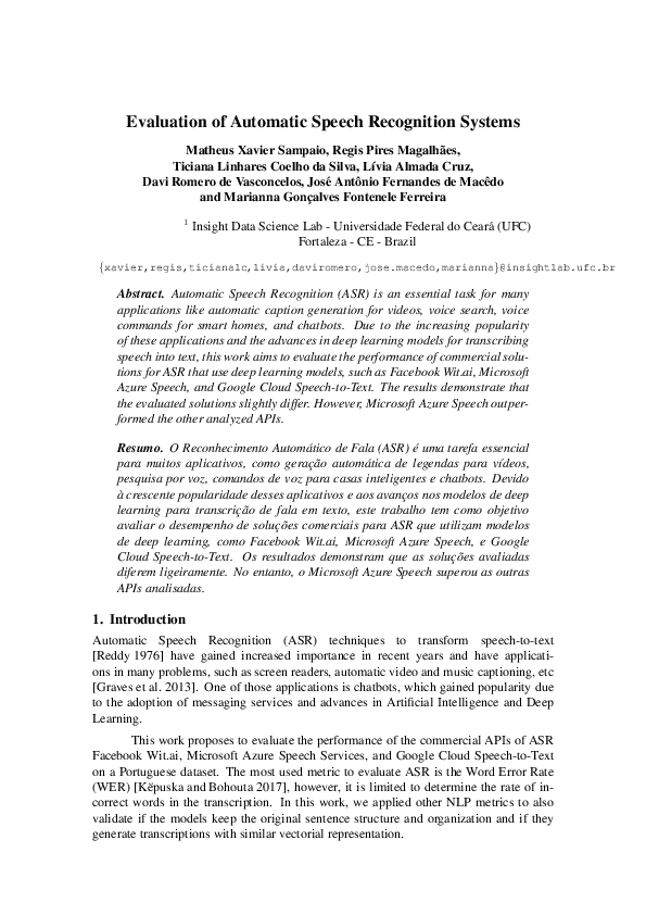 (PDF) Evaluation of Automatic Speech Recognition Systems