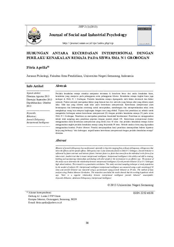 (PDF) HUBUNGAN ANTARA KECERDASAN INTERPERSONAL DENGAN PERILAKU KENAKALAN REMAJA(Siswa SMA Negeri ...