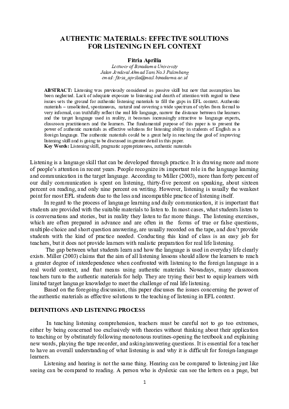 (DOC) Authentic Materials: Effective Solutions for Listening in Efl Context