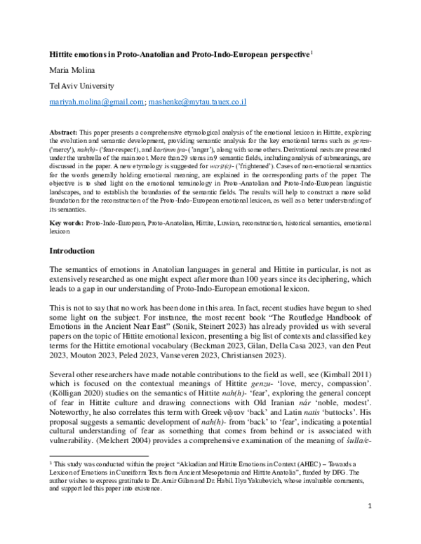(PDF) Hittite emotions in Proto-Anatolian and Proto-Indo-European ...